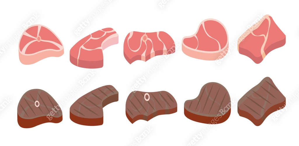 Vector steak icons set. Degrees of steak doneness. Cartoon set of steak ... Vector steak icons set. Degrees of steak doneness. Cartoon set of steak ...