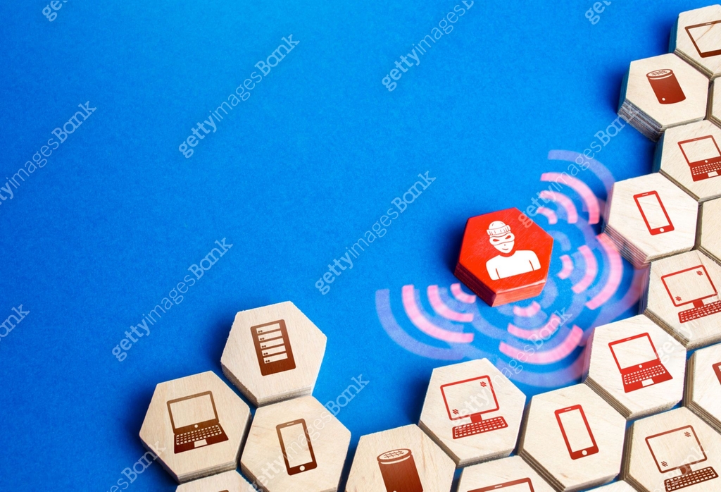 Figurine hacker intruder attacks users devices network. Theft of ... Figurine hacker intruder attacks users devices network. Theft of ...