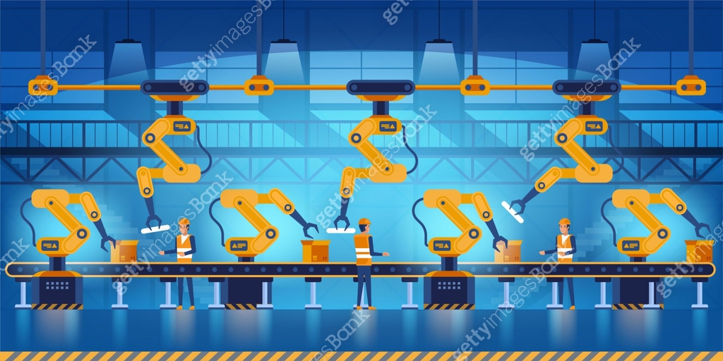 Efficient Smart Factory With Workers Robots And Assembly Line
