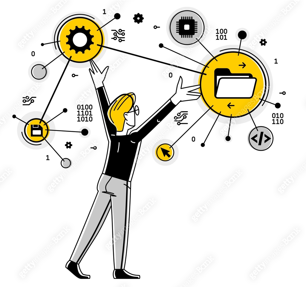 Programmer Is Coding And Repairing Some Machine System Vector Outline Illustration Computer