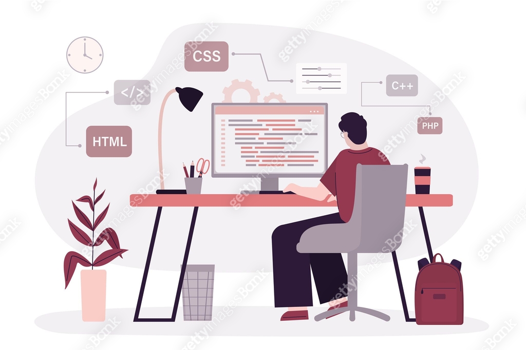 Programmer Or Coder Sitting At Desk Website Designer Developer Social Media Wireframe Front